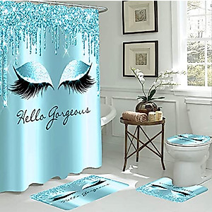 Bellcon 4Pcs Turquoise Hello Gorgeous Bathroom Sets with Rugs and Accessories for Women Lake Blue Bling Eyelash Shower Curtains Sets with Rugs Soft Bath Mat and Toilet Seat Cover