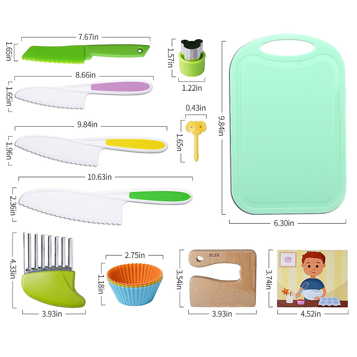 Kids Knives Set for Real Cooking - Toddler Knife Set with Cutting Board, Kids Safe Knife, Peeler, Plastic Potato Slicers, Fruit Cutters and Fork Picks for Kitchen