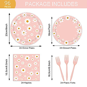 96Pcs Daisy Birthday Party Tableware Set - Include Paper Plates Napkins Forks, One Two Groovy Disposable Party Supplies Decorations for Girl Birthday Baby Shower Serve 24 Guests