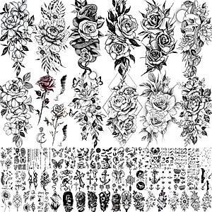 Shegazzi 63 Sheets 3D Flower Temporary Tattoos For Women Girl, 12 Sheets Realistic Sexy Rose Peony Floral Fake Tattoo Sticker Adult, 52 Sheets Small Black Snake Letter Anchor Infinity Tatoos Neck Arm