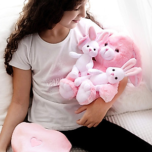 Perfectto Design Bunny Toy, 4 Pcs Set. Mommy, 2 Baby Rabbit Toys, XL Furry Bag and Doll Blanket. Age 3-8