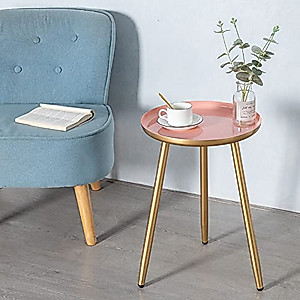 HollyHOME Accent Round Metal End Table with 3 Legs, 15.35"(D) x19.69(H), Indoor&Outdoor Tripod Stand Coffee Side Table, Weather Resistant Tea Table for Living Room, Balcony, Patio, Garden, Gold&Pink
