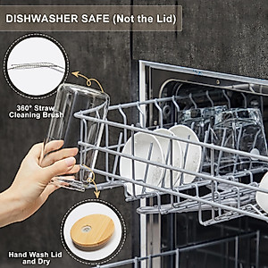 Pouheshi 4pcs Glass Cups with Lids and Straws, 16OZ Beer Can Shaped Drinking Glasses Set, Iced Coffee Cup, Glass Tumbler with 1 Cleaning Brush, Ideal for Cocktail, Whiskey, Tea