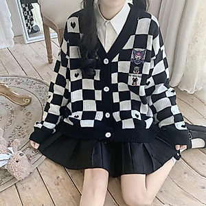 Kawaii Sweater Black Plaid Anime Cardigan Sweater for Women Cosplay Costume V Neck Long Sleeve Women's Button Knitted Outerwear JK Uniform S