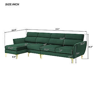 Prohon 111" L Shaped Convertible Sofa Left/Right Hande Chaise, Flannel Sectional Couch w/Gold Legs for Bedroom, Living Room, Green