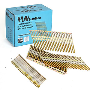 HW HAMWOO Framing Nails,21°Round Head Nail Pack,1000-Pack (2"- 250Pcs,2-1/2"- 250Pcs,3"- 250Pcs, 3-1/2"- 250Pcs),Galvanized Nail,Ring Shank