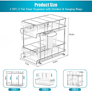 2 Tier Clear Organizer with Dividers, Multi-Purpose Pull Out Storage Container with Hanging Cups, Clear Under Sink Organizers, Bathroom Kitchen Pantry Storage, Medicine Cabinet Organizer(2 SET)