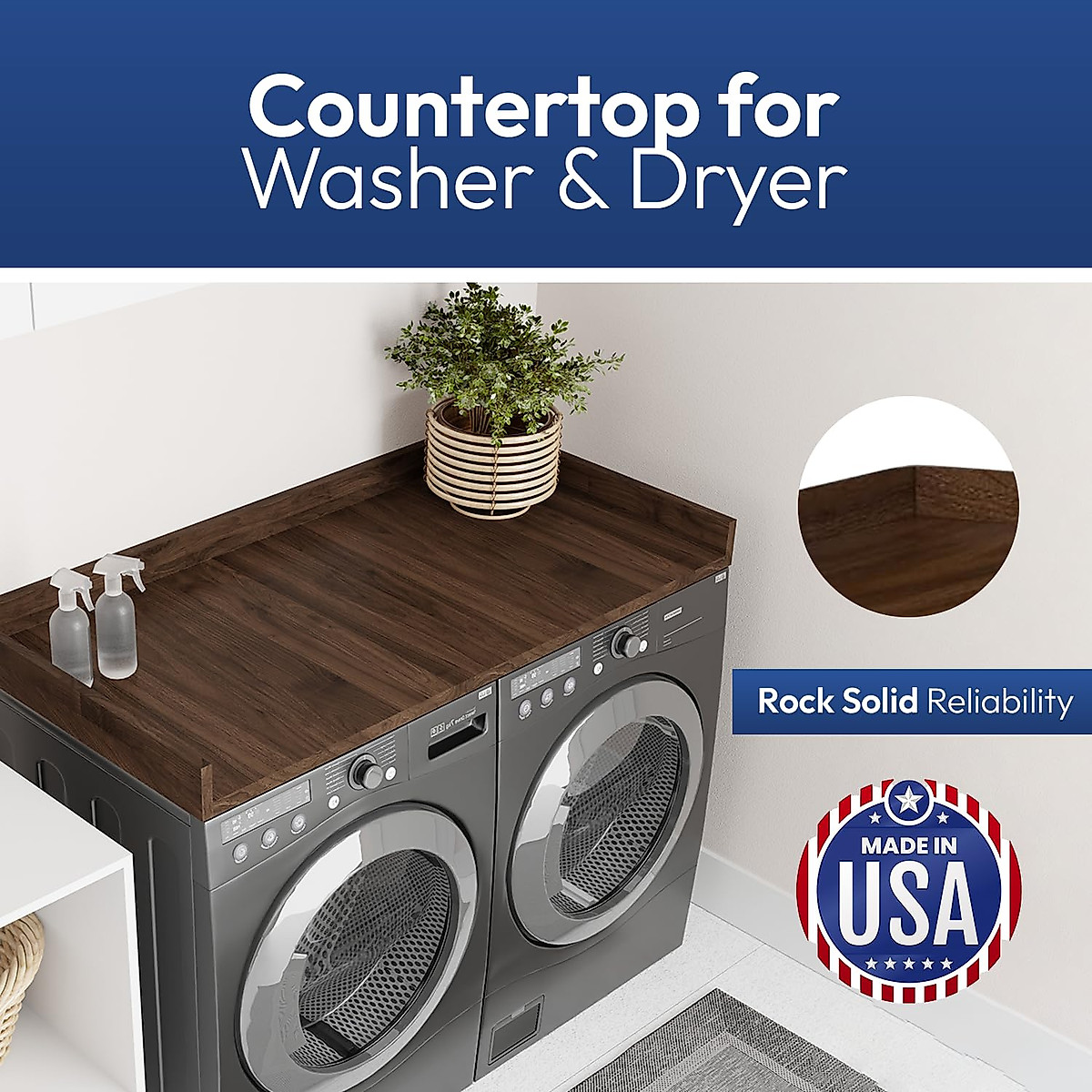 OfficeSimpli Washer Dryer Countertop w Non-Slip Pads, Made in USA, Laundry Room Wood Topper, Washer Dryer Cover for Top, Laundry Guard, Laundry Countertop, Laminate Finish (California Walnut)