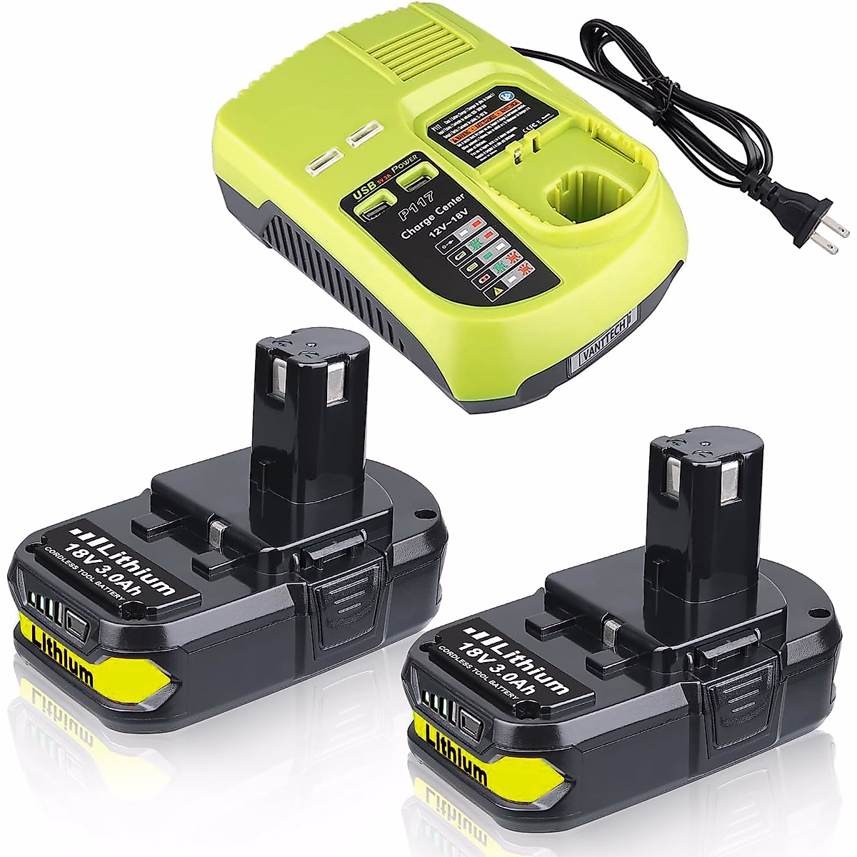 VANTTECH 2Pack P102 18V 3.0Ah Lithium Replacement Battery & P117 3A Fast Charger Compatible for Ryobi 18V Battery P103 P104 P105 P107 P108 P109 Compatible with Ryobi 18Volt Plus Power Cordless Tools