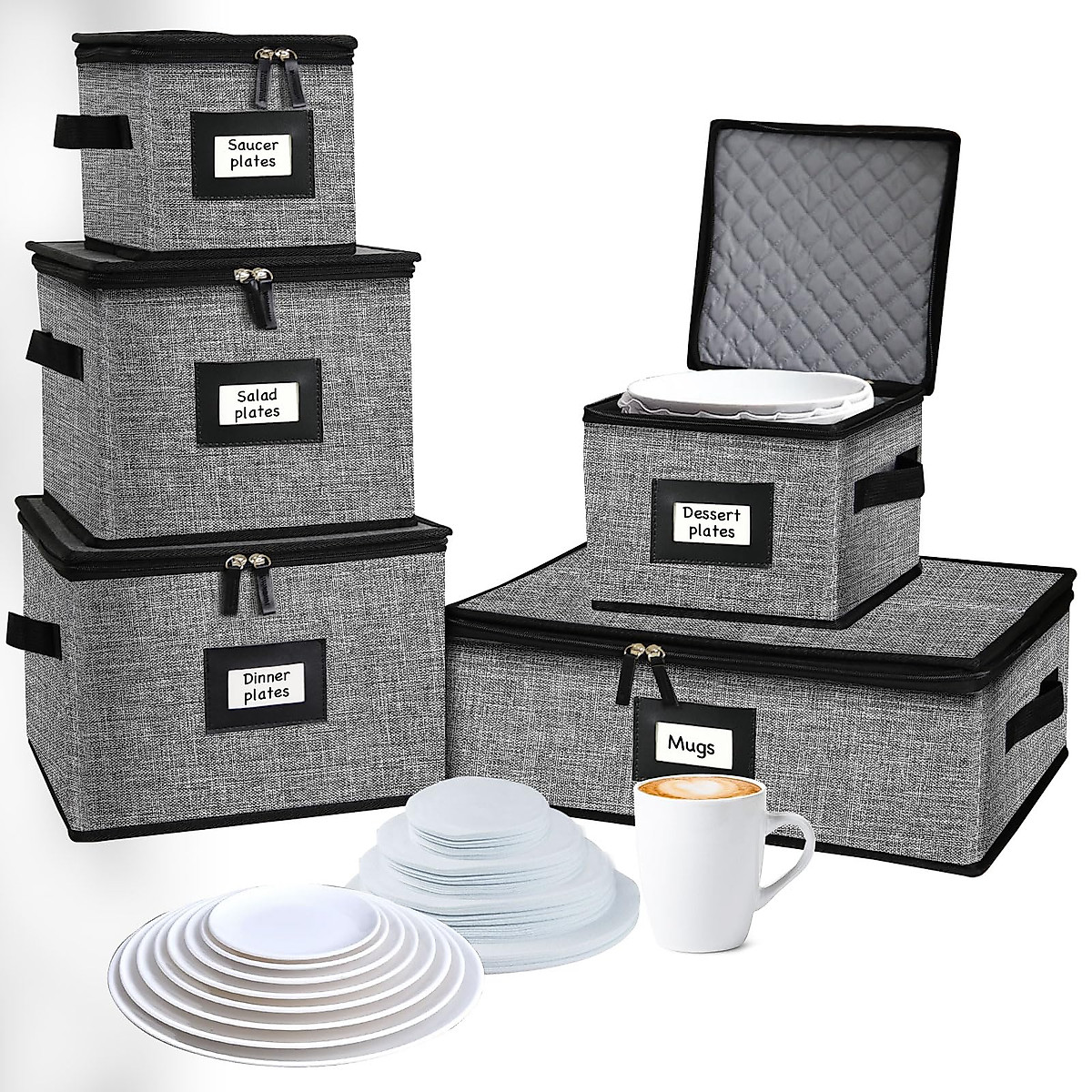 ouruer 5 PACK China Storage Containers-Quilted Mug Storage and Moving Boxes for Dishes,Dish Packing Supplies for Moving,Dinnerware &Accessories,Holds a total of 48 plates (4 sizes) and 12 cups(Grey)