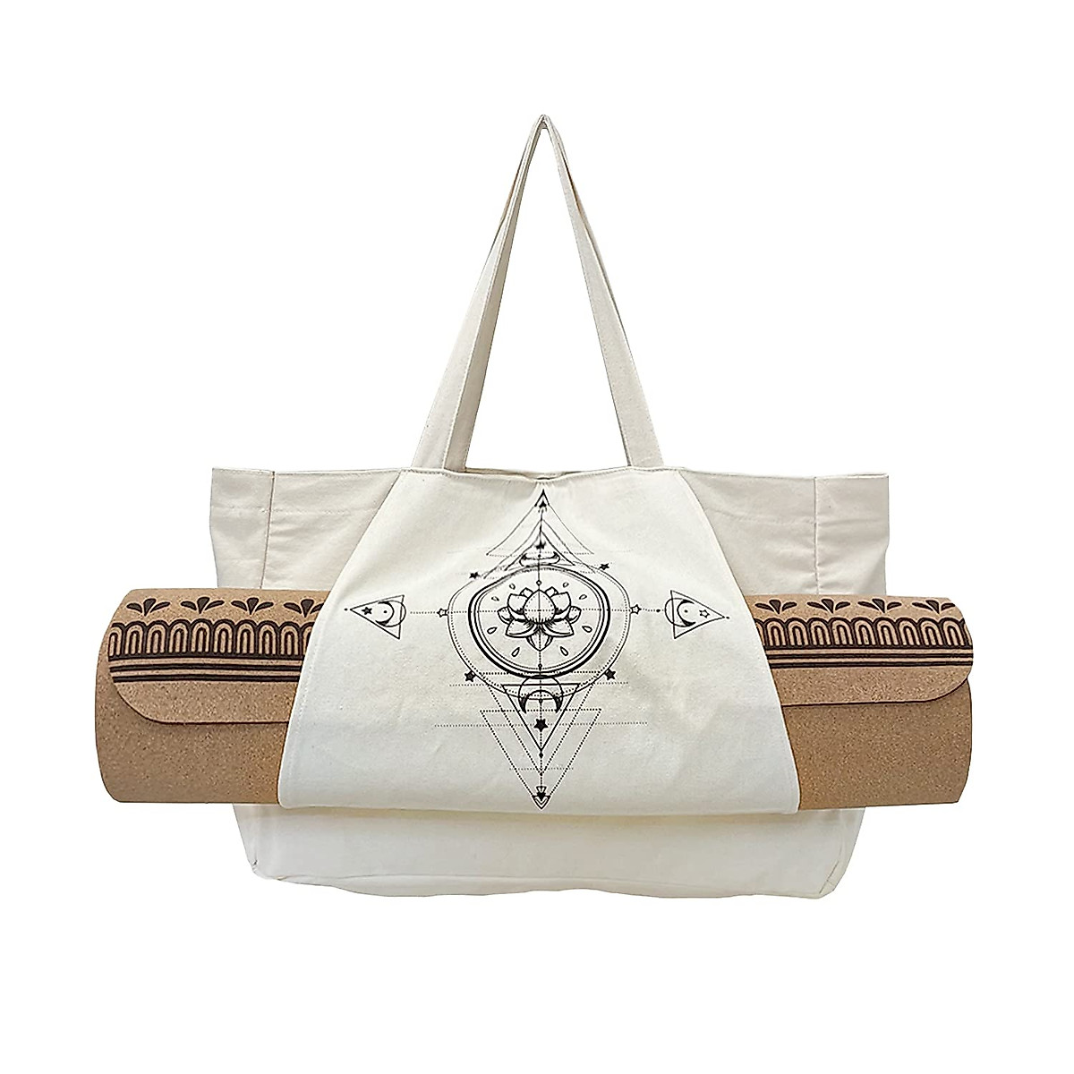 Burro Chakra Themed Yoga Mat Cotton Tote Bag with Mat Carrier Pocket Extra Pocket Inside (YB105 IVORY)