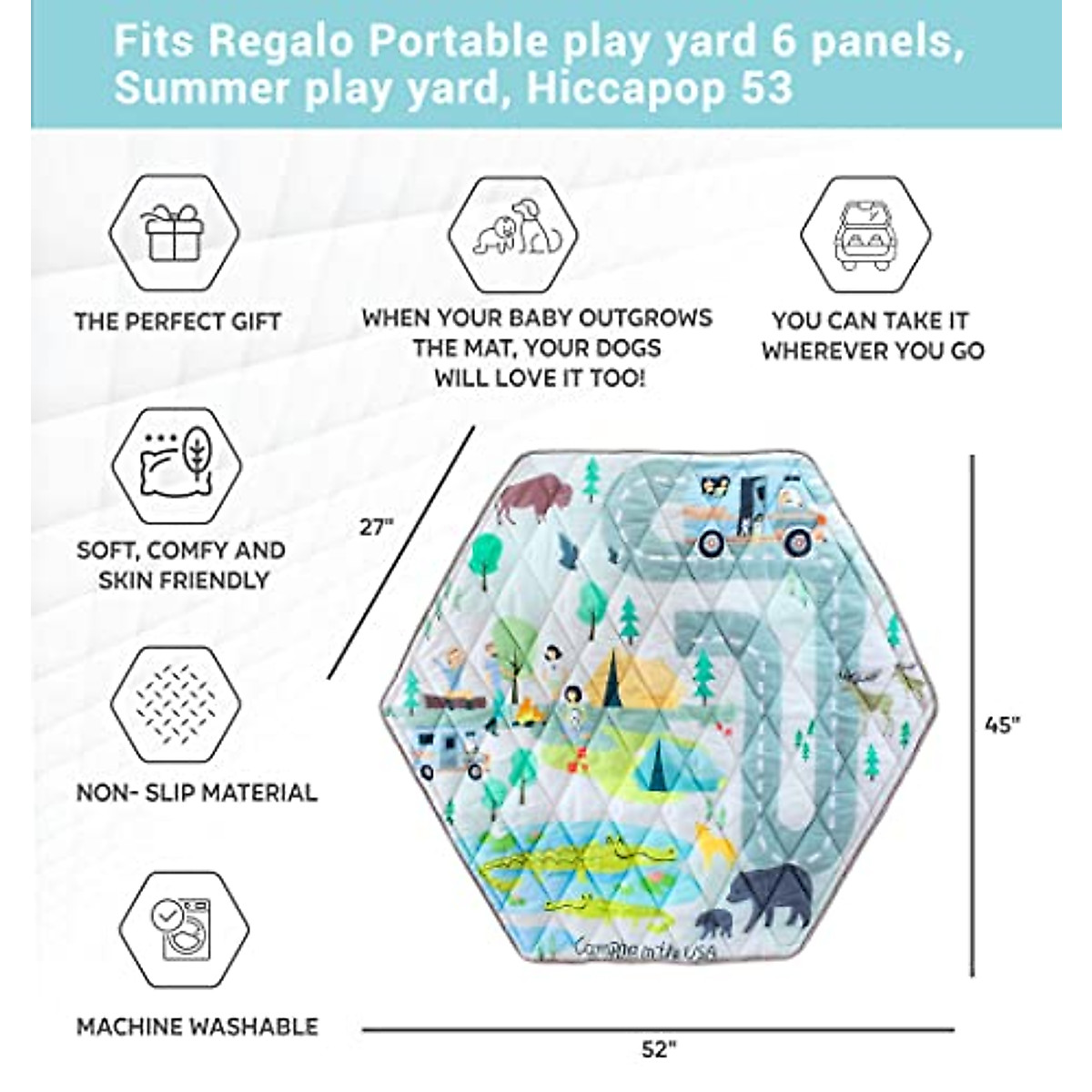 Hexagon Playpen Mat, Baby Play Mat, Fits Regalo Portable Play Yard 48 inch, Hiccapop 53”, Teepee mat, Play Pen mat 52”x45”, Hexagonal Play Mat, Non Slip Pat Mat (Camping in The USA)