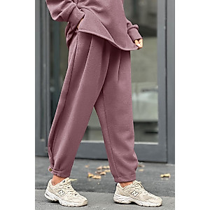 PRETTYGARDEN 2 Piece Outfits For Women Fall Long Sleeve Tracksuit Set High Neck Pullover Shirts Pockets Pants Y2K Sweatsuits (Purple Red,Medium)