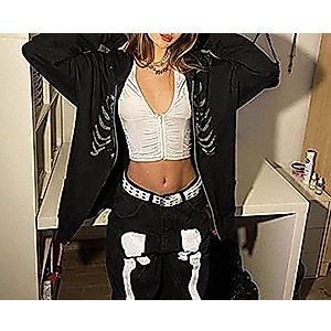 threeriver Womens Y2k Skeleton Print Hoodie Top Rhinestone Skull Print Long Sleeve Zip Up Hoodies(S,A-black)