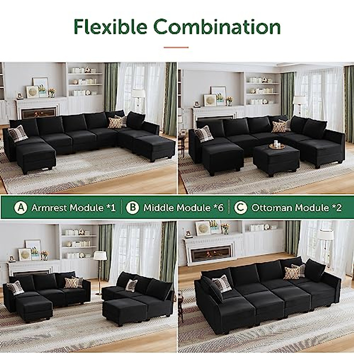 HONBAY Flexible Modular U Shaped Sofa, Black, Wood, 112.60 x 81.50 x 33.90 in