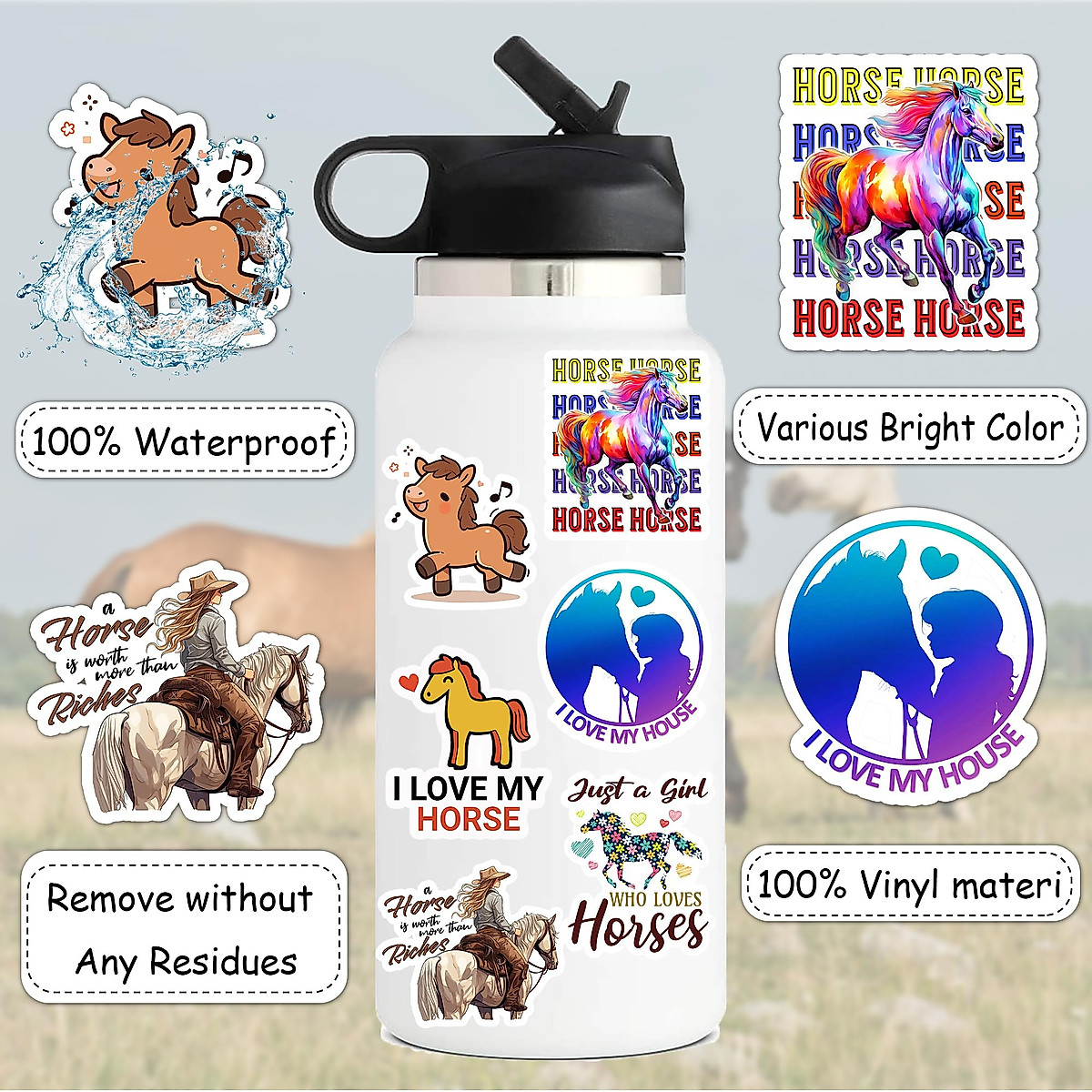 102 PCS Horse Stickers for Water Bottles, Horse Riding Stickers for Laptop Stuff, Horse Party Favors, Horse Gifts for Girls Kids