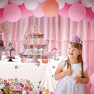 QUERICKY 4 Pack Floral Tablecloths for Birthday, Plastic Rectangle Pink Flower Tablecovers for Tea Party Supplies, Baby Showers, Wedding, Bridal Shower, Birthday, 51x87''