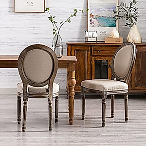 Guyou Farmhouse Dining Chairs Set of 2, Retro Upholstered Dining Room Chairs with Rattan Back French Country Accent Chair Side Chairs with Distressed Wood Frame for Kitchen Living Room (Dark Beige)