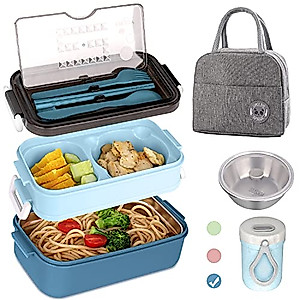 Homnoble Bento Box Adult Lunch Box, Bento Box for Kids Adult Leakproof BPA-Free 3 Compartment Lunch Box Container 4 in 1 Meal Prep Container Dishwasher SafeMicrowave Safe With Utensils & Bag, Blue