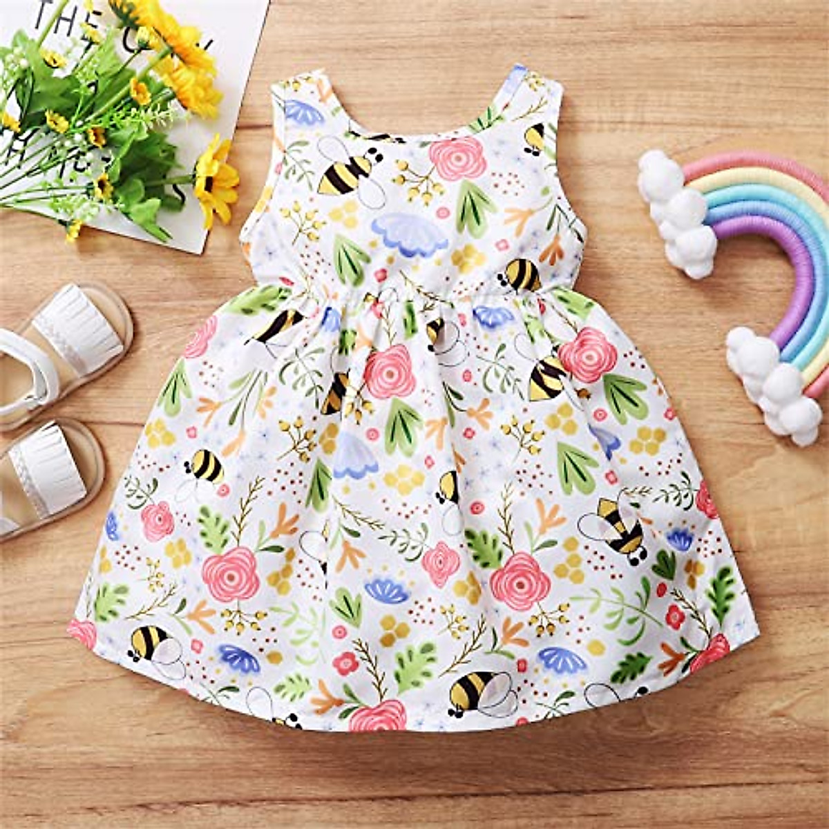 Toddler Girls Patchwork Bowknot Dress Bee Floral Prints Sleeveless Dresses Casual Soft Ruffle Swing Clothes (Yellow, 9-12 Months)