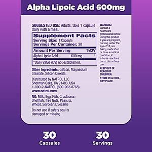 Natrol Alpha Lipoic Acid 600 mg, Dietary Supplement for General Wellness, 30 Capsules, 30 Day Supply