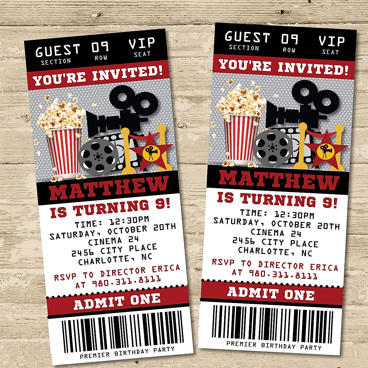 Movie Birthday Party Ticket Invitations, Movie Party Invitations, Cinema Birthday Party Invite, Broadway Party Invitation (Red/Black)