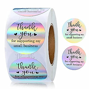 500 Pieces 1.5'' Thank You for Supporting My Small Business Stickers Roll Stickers Adhesive Holographic Stickers Rainbow Stickers for Business Online Retailers Boutiques Shops