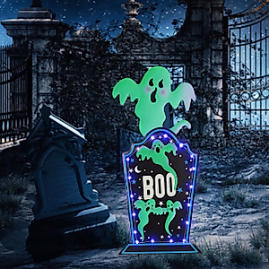 Joliyoou Halloween Yard Stake, 26.4" Solar Lighted Metal Tombstone with Glow in The Dark Ghosts, 18 LED Purple Lights Spooky Yard Sign for Outdoor Front Door Yard Lawn Garden Decors