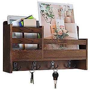 MASTLU Mail Organizer,Mail Rack,Key Holder,Envelope Sorter,Natural Wooden Wall Mounted Organizer 4 Double Key Hooks and Floating Shelves Storage for Entryway, Hallway, Living Room (Wood Color)
