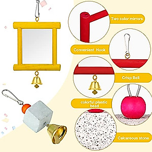 5 Pieces Hen Chicken Toys Chicken Coop Mirrors Colorful Wooden Xylophone Bird Toy Hanging Parrot Grindstone Bird Beak Stones Dangling Bird Toys with Bells for Chicks Parrots Birds Hens