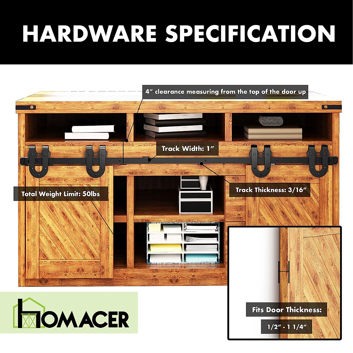 Homacer Mini Black Rustic Non-Bypass Sliding Barn Door Hardware Kit, for Two/Double Doors, 72-inch Long Flat Track, Horseshoe Design Roller, Cabinet TV Stand Console Use…