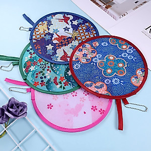 KINBOM 4pcs Folding Round Hand Fans, Flower Folding Fan Japanese Style Round Folding Fan for Women Girls Daily Use Party Home Personal Decoration (Sakura)