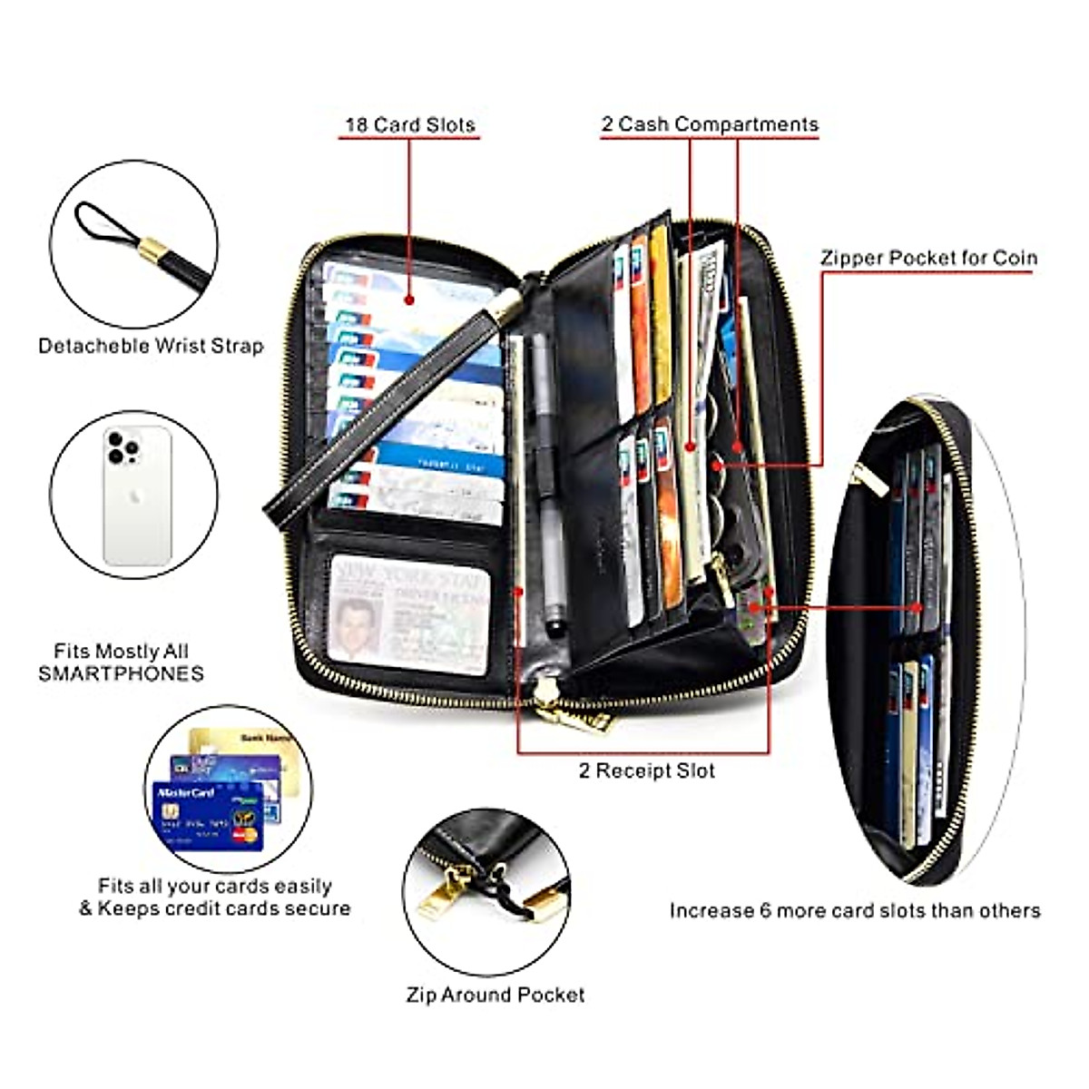 ANDOILT Womens RFID Blocking Genuine Leather Zip Around Wallets Large Cell Phone Holder Clutch Travel Purse Wristlet Black