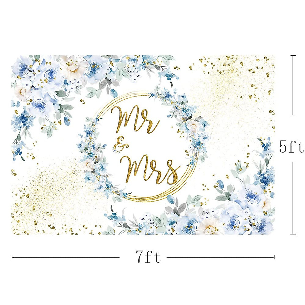 MEHOFOND 7x5ft Blue Floral Backdrop for Mr and Mrs Engagement Party Decorations Couples Wedding Golden Dots Glitter Photography Background Anniversary Ceremony Bridal Shower Banner Photo Booth Props
