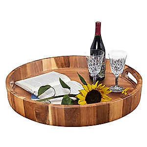 Round Wooden Serving Tray with Handles, 15¾" Large Diameter Wood Serving Trays for Ottoman, Rustic Acacia Circle Tray for Eating, Entertaining, Decorating and Organizing