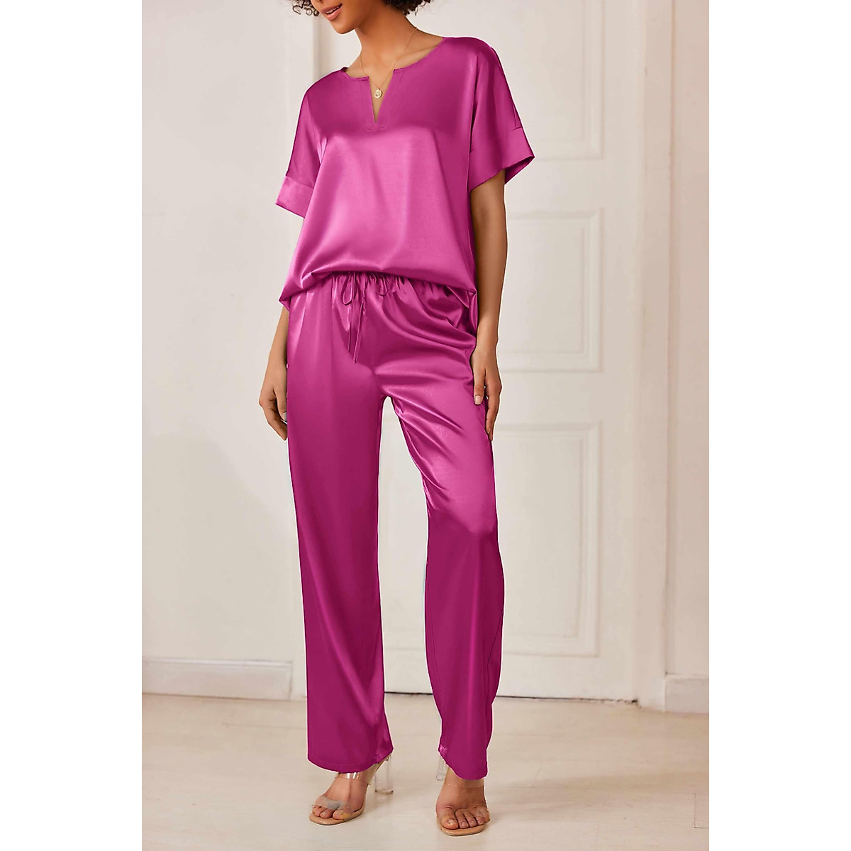 Ekouaer Satin Pajama Set Womens Silk Short Sleeve V Neck Shirt with Long Pant Soft Loungewear Pjs Set Plum