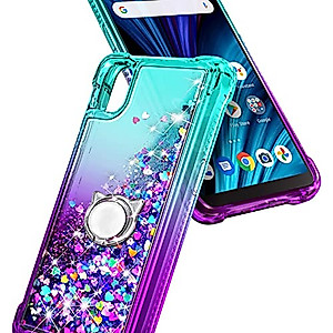 NZND Compatible with TCL 30Z (T602DL) Case, TCL 30 LE with Tempered Glass Screen Protector/Ring Holder/Wrist Strap, Glitter Liquid Floating Waterfall Durable Women Girls Kids Cute Case (Aqua/Purple)
