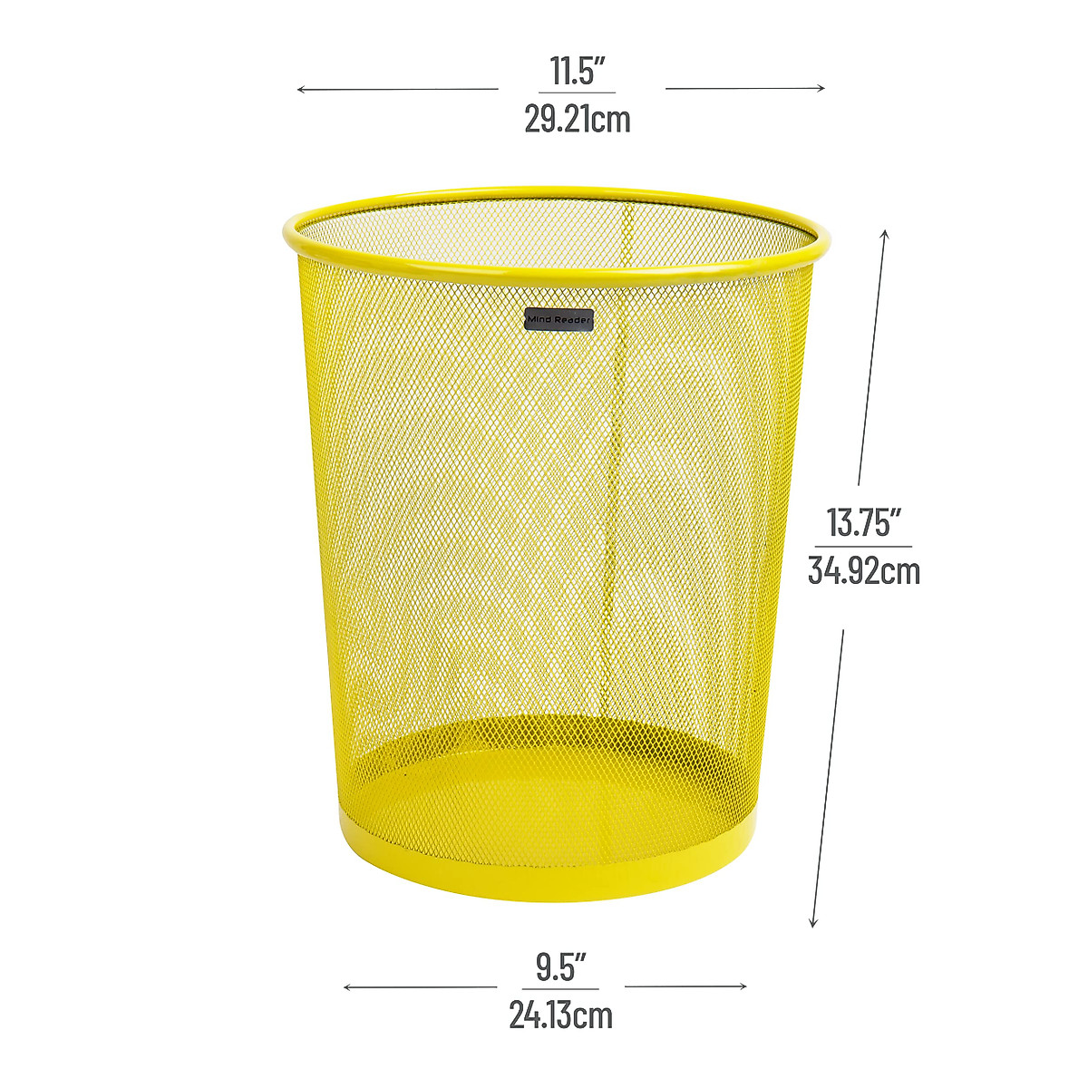 Mind Reader Mesh Trash Can, 16.65L (4.4 gal), Waste Paper Basket, Round, Office, Metal Mesh, 11.5" L x 11.5" W x 13.75" H, Yellow