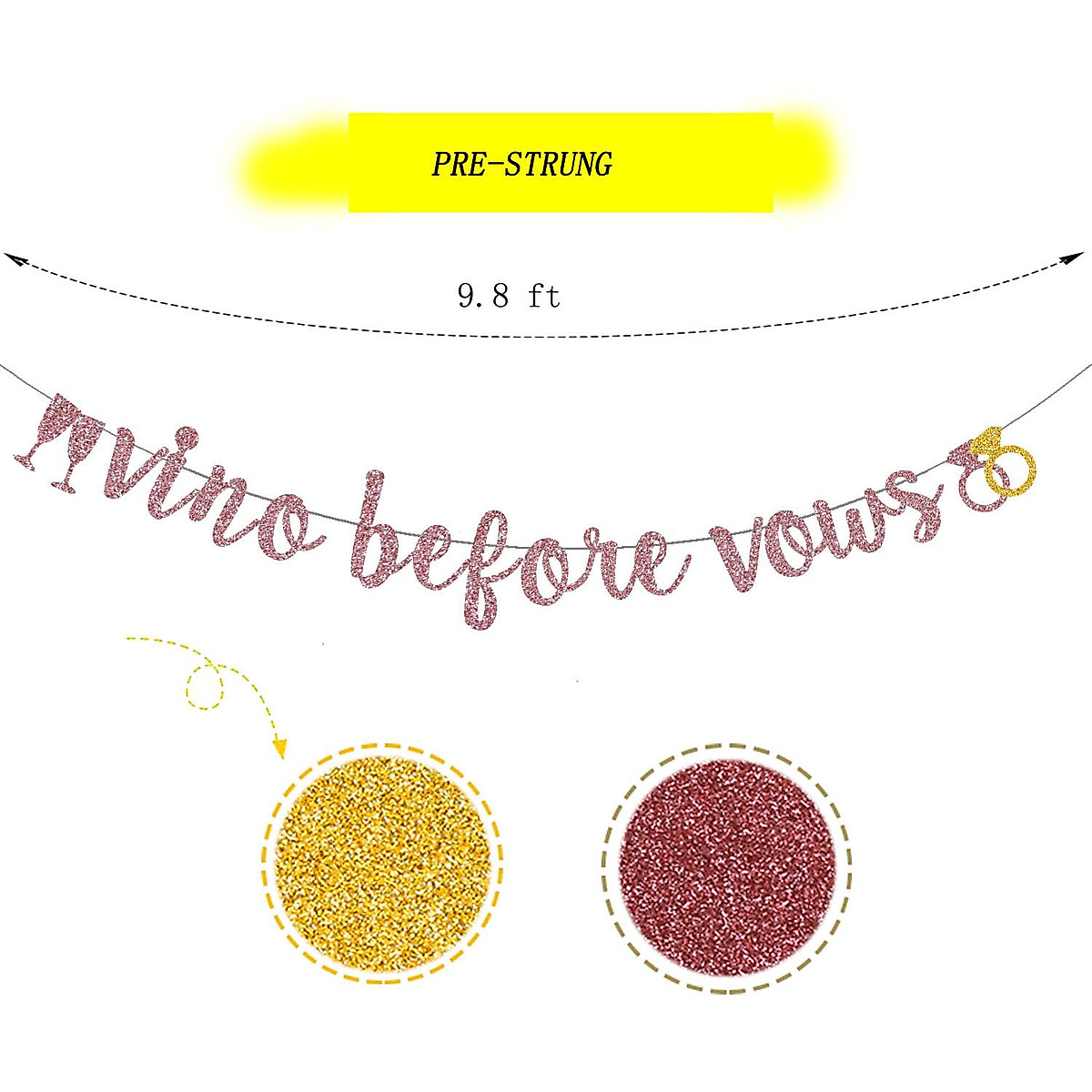 Vino Before Vows Banner Pre-Strung Garland for Bachelorette Bridal Shower Engagement Party Wine Winery Party Decorations (Rose Gold Glitter)