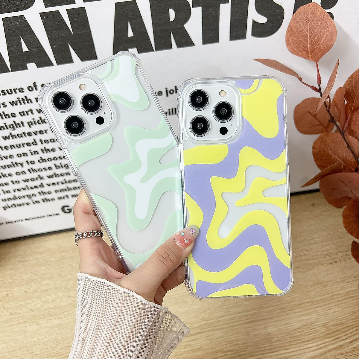 Sayoaho Compatible with iPhone 14 Pro Max Phone Case, Cute Art Wavy Painted for Women Girls, Soft TPU Edge PC Back Protective Shockproof Phone Case-Green