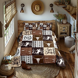 Manfei Western Cowboy Comforter Set Queen Size, Bull Skull Horse Arrow Print Quilt Set with 2 Pillowcases, Geometric Grid Brown Plaid Print Bedding Set 3pcs for Kids Boys Teens Bedroom Decor