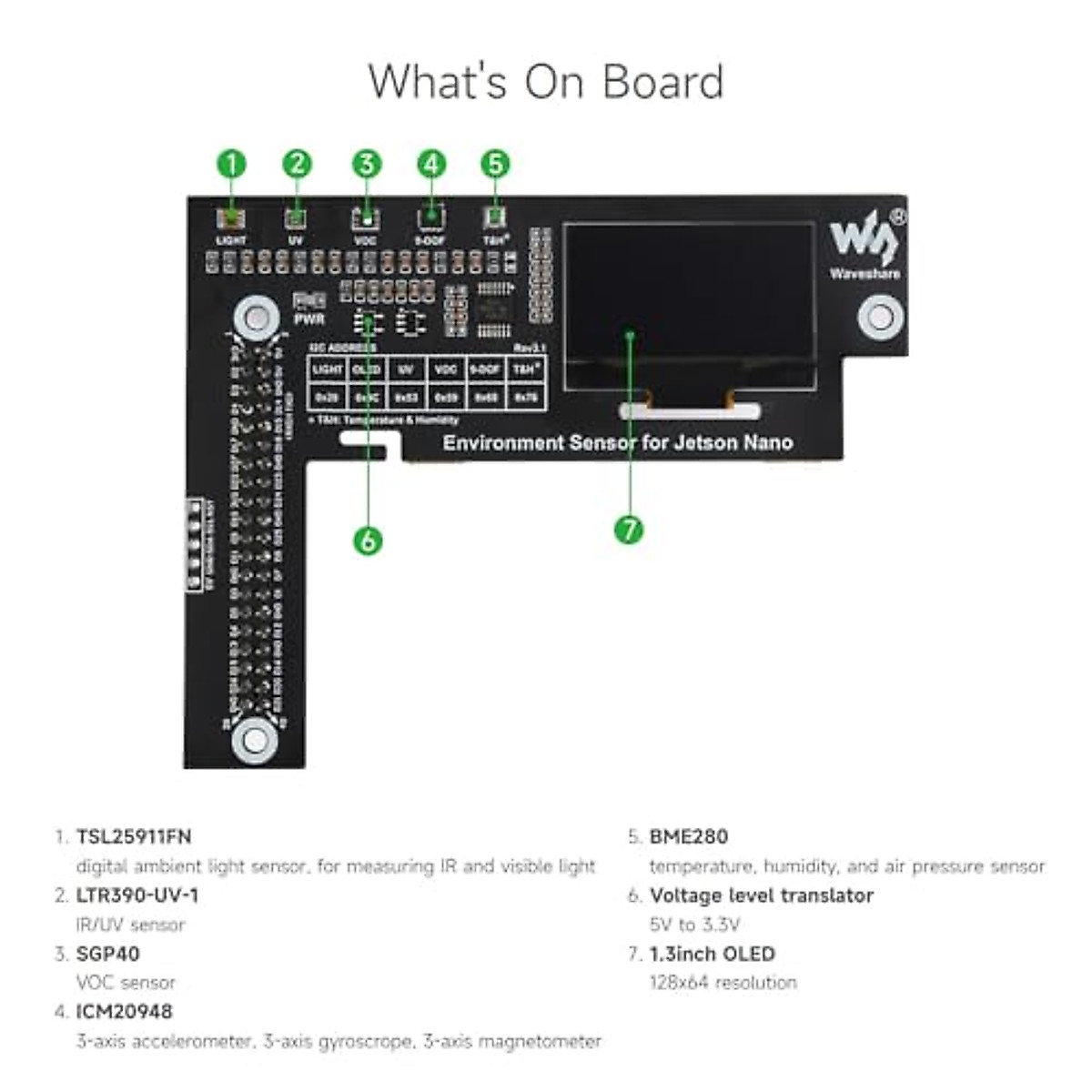 Waveshare Environment Sensors Module Designed for Jetson Nano I2C Bus with 1.3inch OLED Display