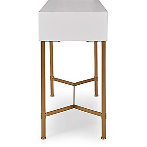 Adore Decor Jupiter Console Table with 2 Drawers, Mid Century Modern Rectangular Small Space Accent Desk for Living Room, Entryway, Home Office, Metal Legs, Easy Assembly, White and Gold