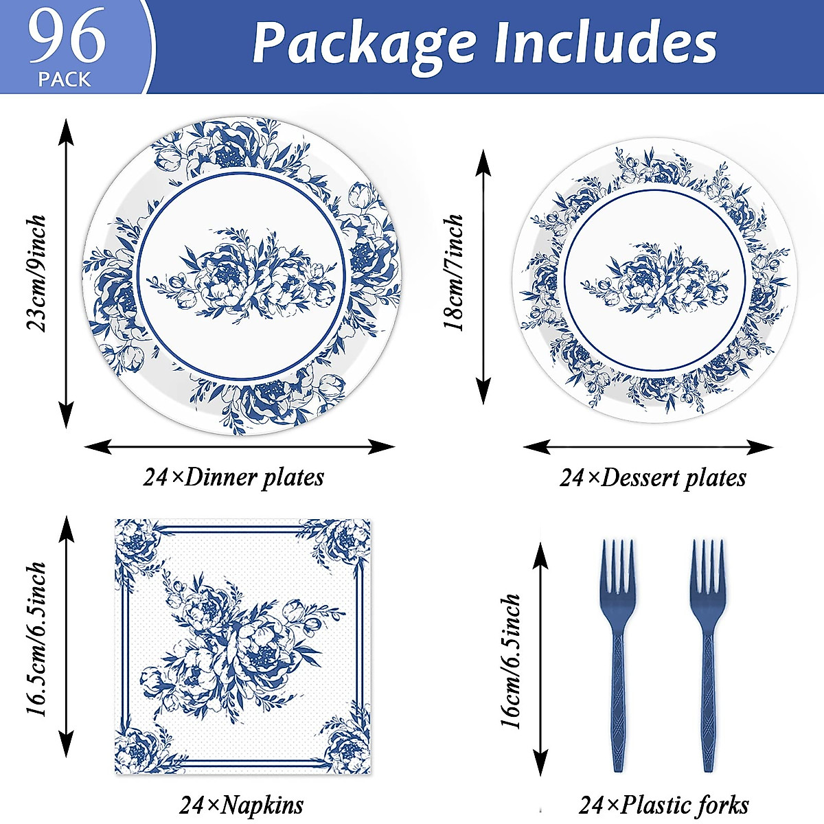 96 PCS Floral Blue & White Flower Party Tableware Set Disposable Party Supplies Decorations Bridal Birthday Baby Shower Tea Spring Summer Dinnerware Decor for Men Women Plates Napkins Forks Serve 24