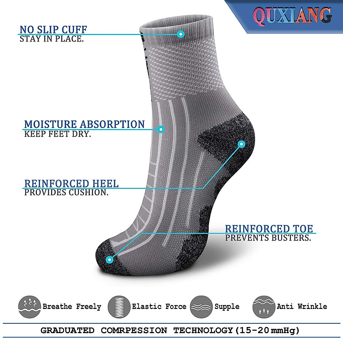 QUXIANG Compression Socks for Women & Men Circulation 3/6/7 Pairs Arch Ankle Support 15-20 mmHg Best for Running Cycling (Multi 31,L/XL)