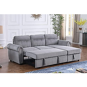 FANYE L-Shaped Oversized Reversible Convertible Tufted Sleeper Sectional Sofa with Pull Out Sleeper Couch Bed,Nailhead Decor Armrests and Storage Chaise for Living Room, Grey Velvet Sofabed