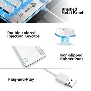 LANGTU LED Computer Keyboard, USB Wired Keyboard for Gaming and Office, All-Metal Panel 104 Keys Quiet Membrane Keyboard with Blue Backlit - L2 White/Silver