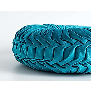 Cassiel Home Summer Home Pleated Velvet Round Throw Pillow Turqoise Summer Pintuck Decorative Pillow for Couch Sofa Bed Armchair Lounge Garden Patio Bench or Bedroom Floor Cushion 14.5 inches