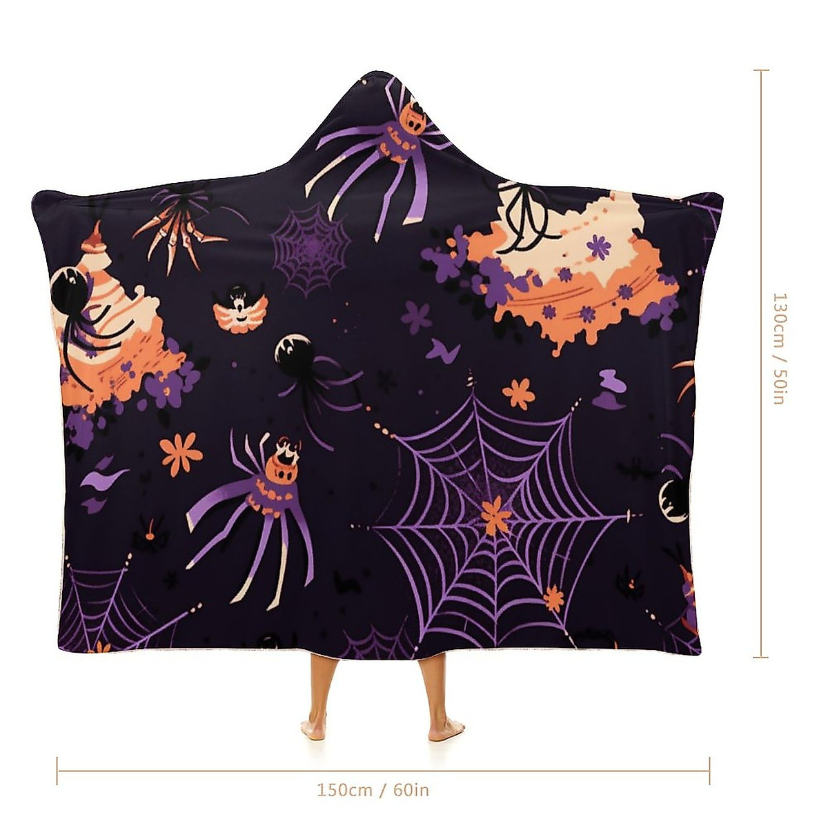 Seamless Pattern Halloween Spider Web Purple Hooded Blanket Happy Halloween Big Hug Fleece Hooded Blanket for Women Men Soft Cozy Blanket Snuggling Sofa Bedding 40"x50" Spring Summer Blanket Hoodie