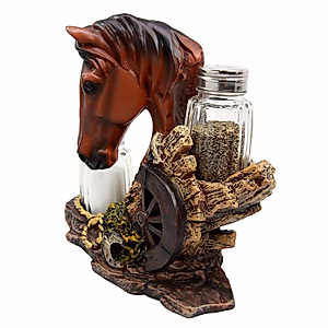 Ebros Country Western Chestnut Brown Stallion Horse By Farm Wagon Wheel Lasso Horseshoes Salt And Pepper Shakers Holder Figurine Set 6.25"High Old Fashioned Rustic Decor Statue (Chestnut Brown)